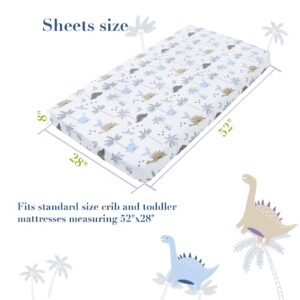 My Little Zone 100% Cotton Crib Fitted Sheets for Baby Boys and Girls, Dinosaur - Breathable Toddler Bed Sheet Set - Dino Safari, 28x52 with 8" Deep Pocket, Blue-White, 2 Pack