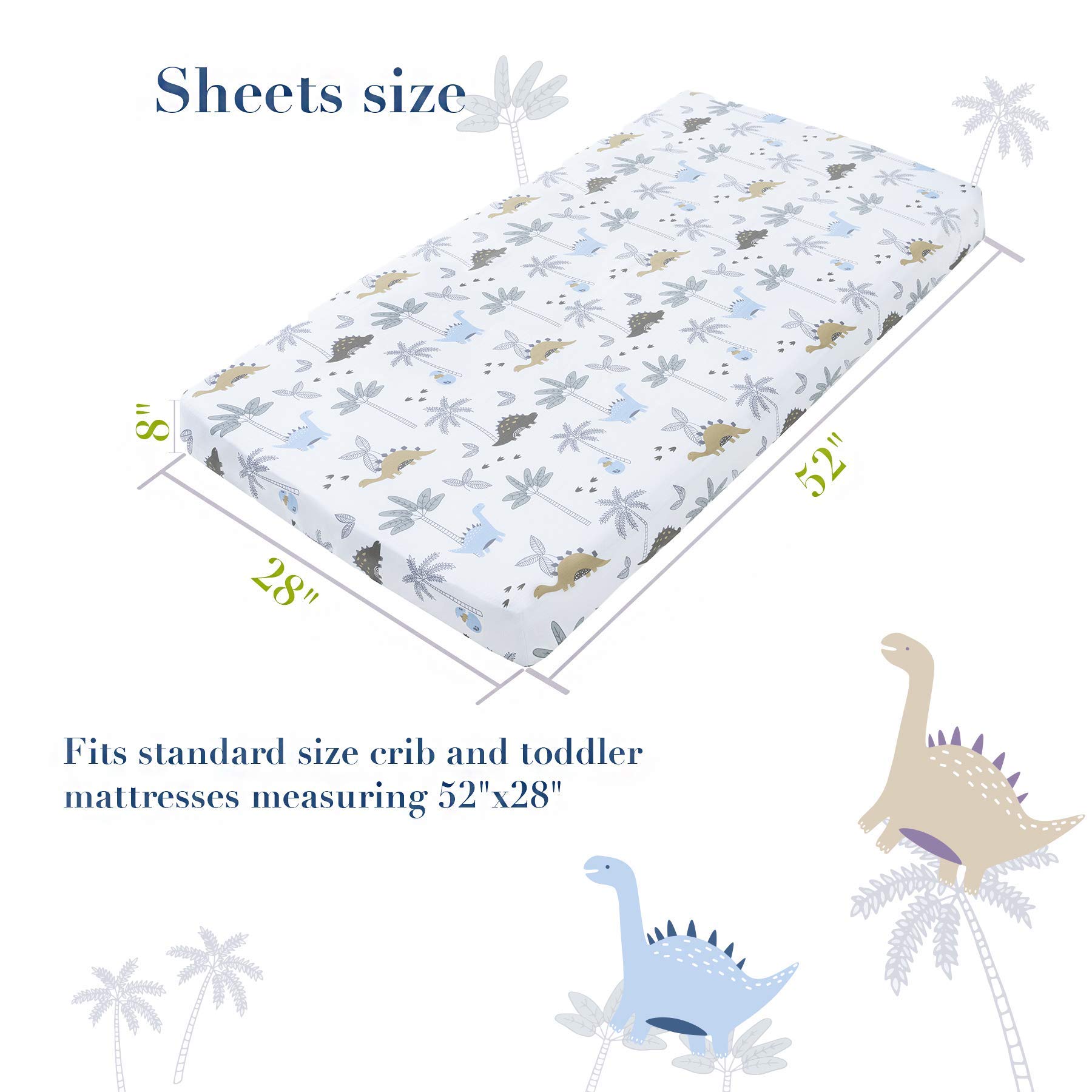 My Little Zone 100% Cotton Crib Fitted Sheets for Baby Boys and Girls, Dinosaur - Breathable Toddler Bed Sheet Set - Dino Safari, 28x52 with 8" Deep Pocket, Blue-White, 2 Pack