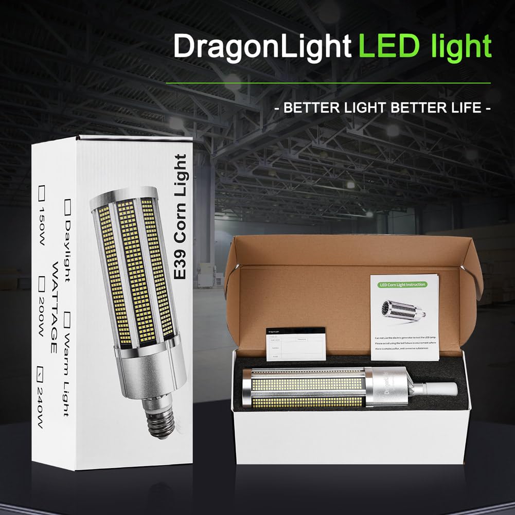 DragonLight 240W Commercial Grade Corn LED Light Bulb Fanless(1000 Watt MH/HPS Replacement) E39 Large Mogul Base LED Lamp 5000K Daylight 32,400Lumen