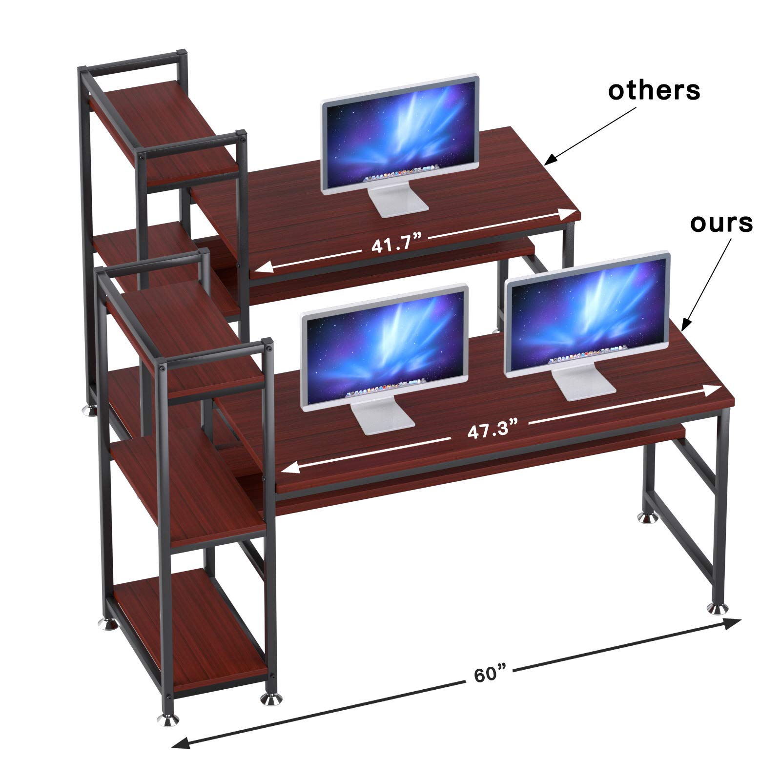 NSdirect 60" Large Computer Desk with 4 Tier Storage Shelves, Office Desk Computer Table Studying Writing Drawing Modern Desk for Home Workstation with Bookshelf and Tower Shelf, Red