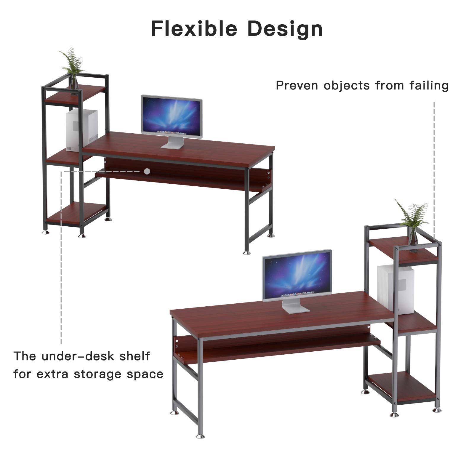 NSdirect 60" Large Computer Desk with 4 Tier Storage Shelves, Office Desk Computer Table Studying Writing Drawing Modern Desk for Home Workstation with Bookshelf and Tower Shelf, Red