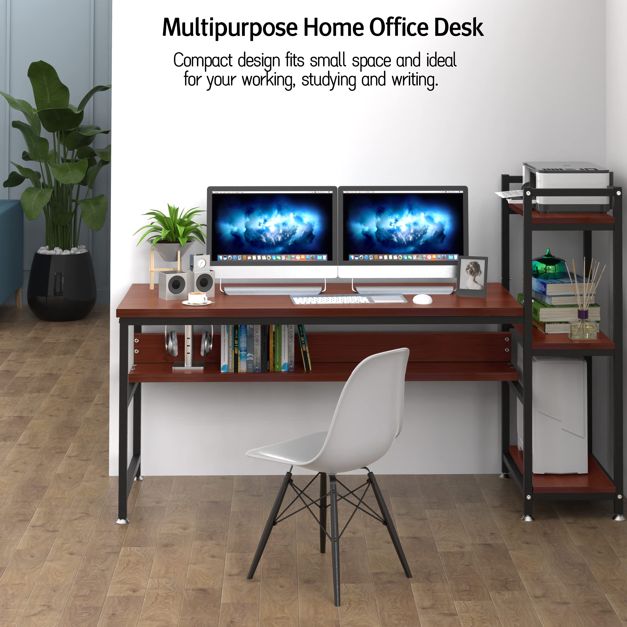 NSdirect 60" Large Computer Desk with 4 Tier Storage Shelves, Office Desk Computer Table Studying Writing Drawing Modern Desk for Home Workstation with Bookshelf and Tower Shelf, Red