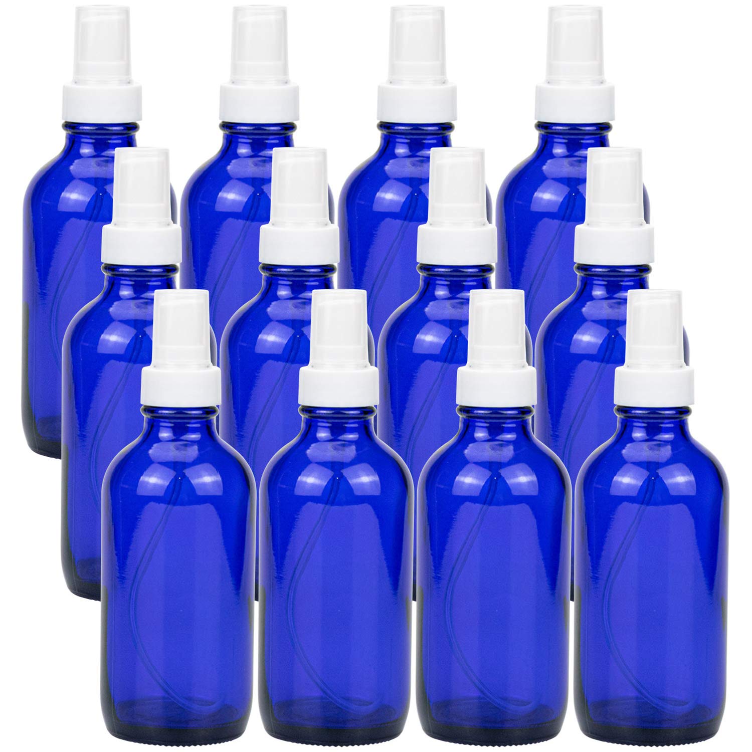 Hedume 12 Pack Glass Spray Bottles, 4oz Empty Glass Bottles, Blue Refillable Bottle with Fine Mist Sprayer & Dust Cap for Essential Oils, Perfumes, Homemade Cleaners etc.