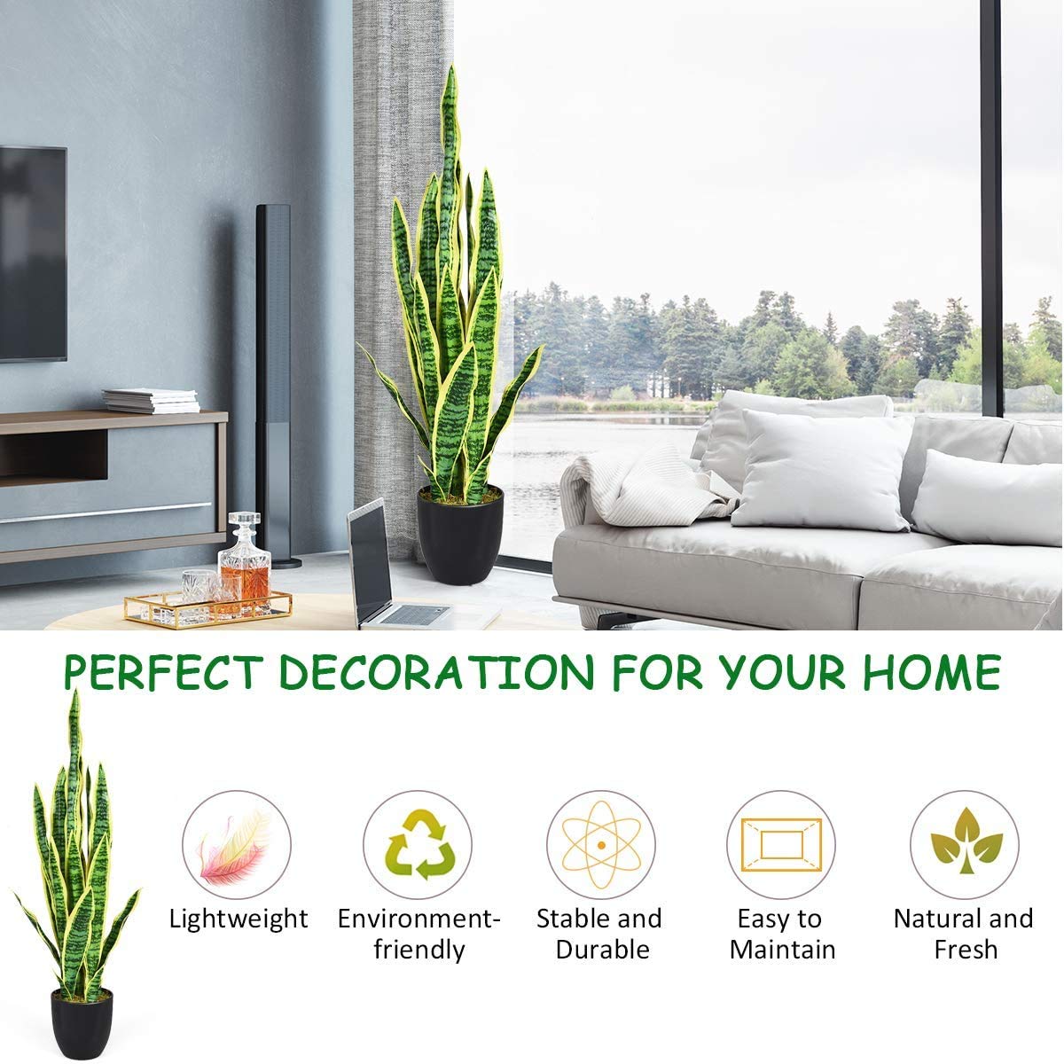 LUARANE 36" Artificial Snake Plant, Lifelike Plastic Fake Sansevieria w/Stable Cement Bottom, 20pcs Realistic Leaves, Vivid Decorative Potted Plant for Home Office Store Garden