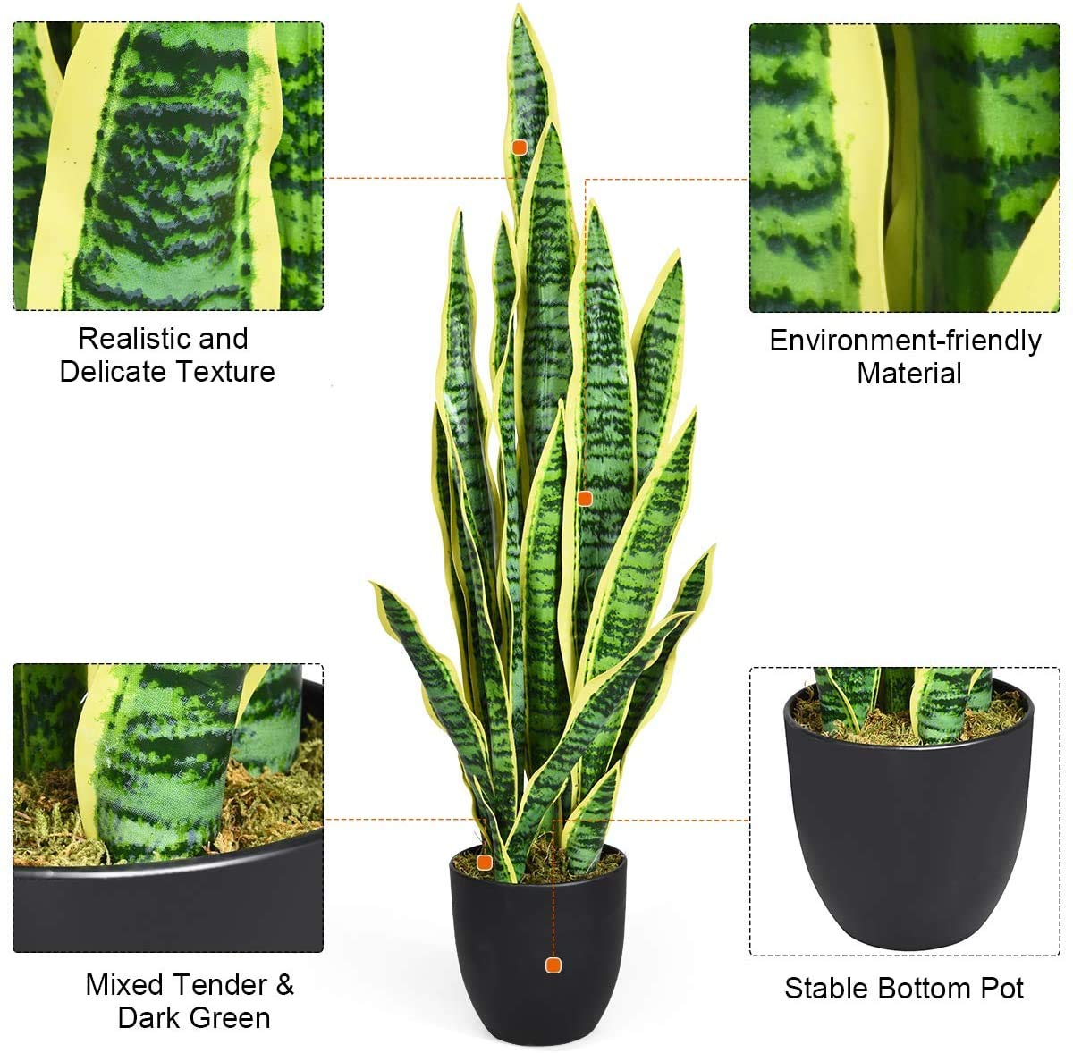 LUARANE 36" Artificial Snake Plant, Lifelike Plastic Fake Sansevieria w/Stable Cement Bottom, 20pcs Realistic Leaves, Vivid Decorative Potted Plant for Home Office Store Garden