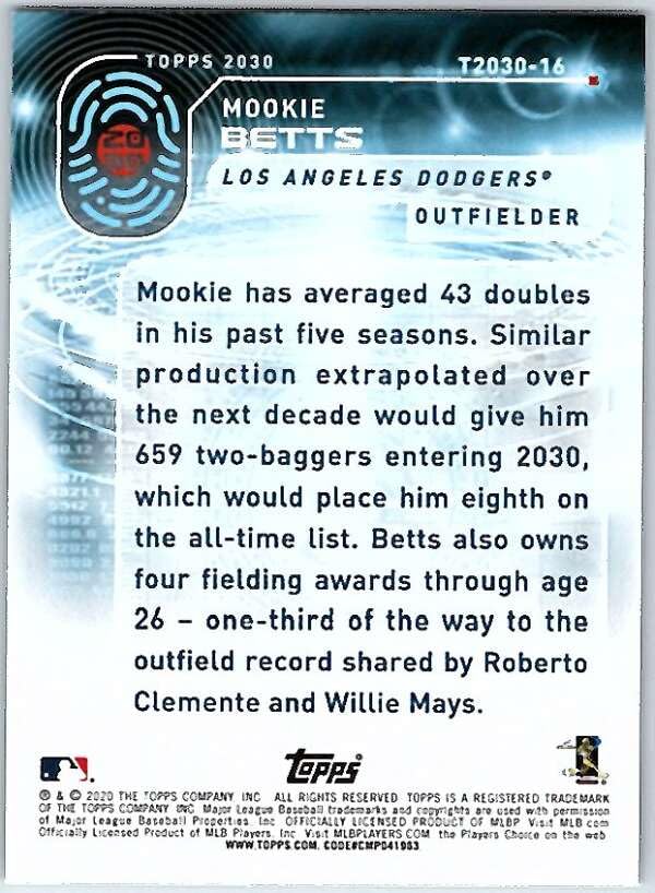 2020 Topps 2030#T2030-16 Mookie Betts Los Angeles Dodgers MLB Baseball Trading Card