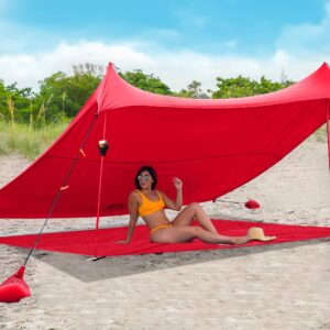 Red Suricata Family Beach Tent & Beach Canopy, Matching Sand Free Beach Mat Blanket & 2 Beverage Holders Bundle - UPF50 UV Sun Shade Shelter (Large, Red)