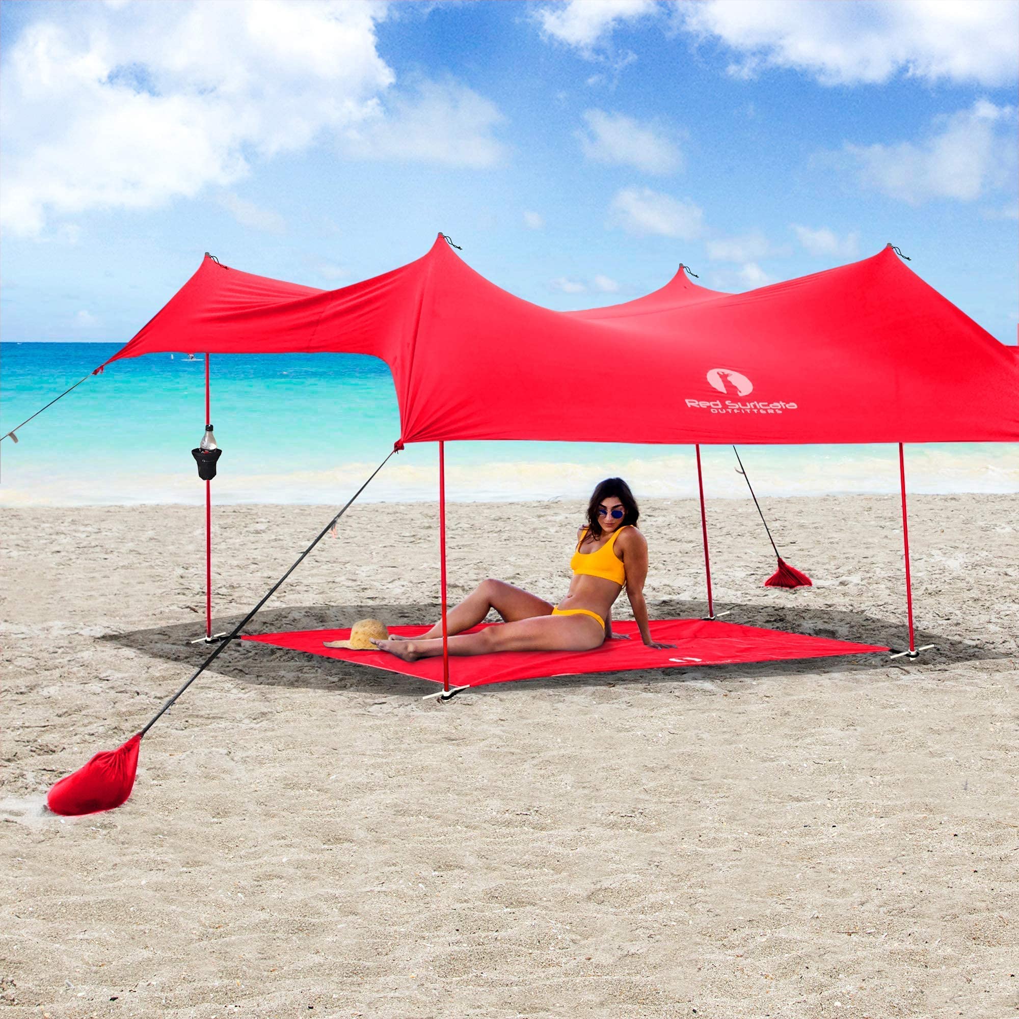 Red Suricata Family Beach Tent & Beach Canopy, Matching Sand Free Beach Mat Blanket & 2 Beverage Holders Bundle - UPF50 UV Sun Shade Shelter (Large, Red)