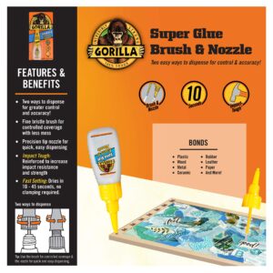 Gorilla Super Glue with Brush & Nozzle Applicator, 12 Gram, Clear, (Pack of 10)