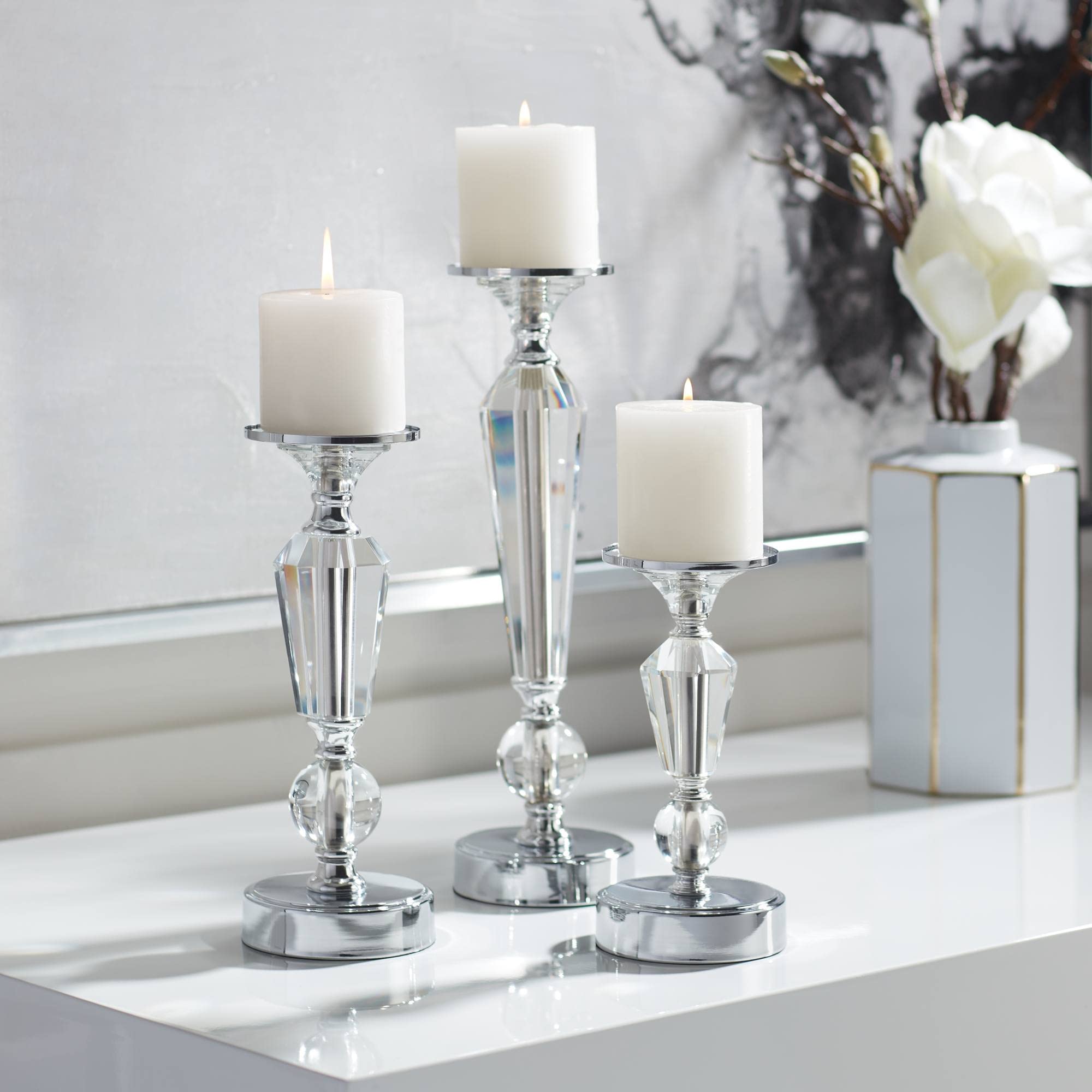 Alix Chrome and Crystal Pillar Candle Holders Set of 3 - Dahlia Studios