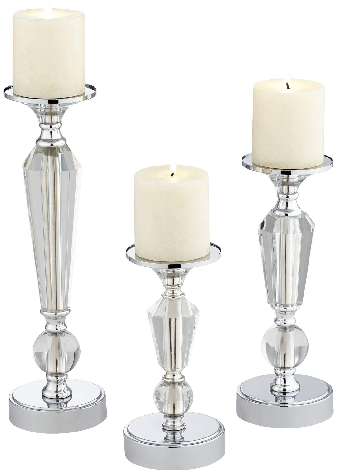 Alix Chrome and Crystal Pillar Candle Holders Set of 3 - Dahlia Studios