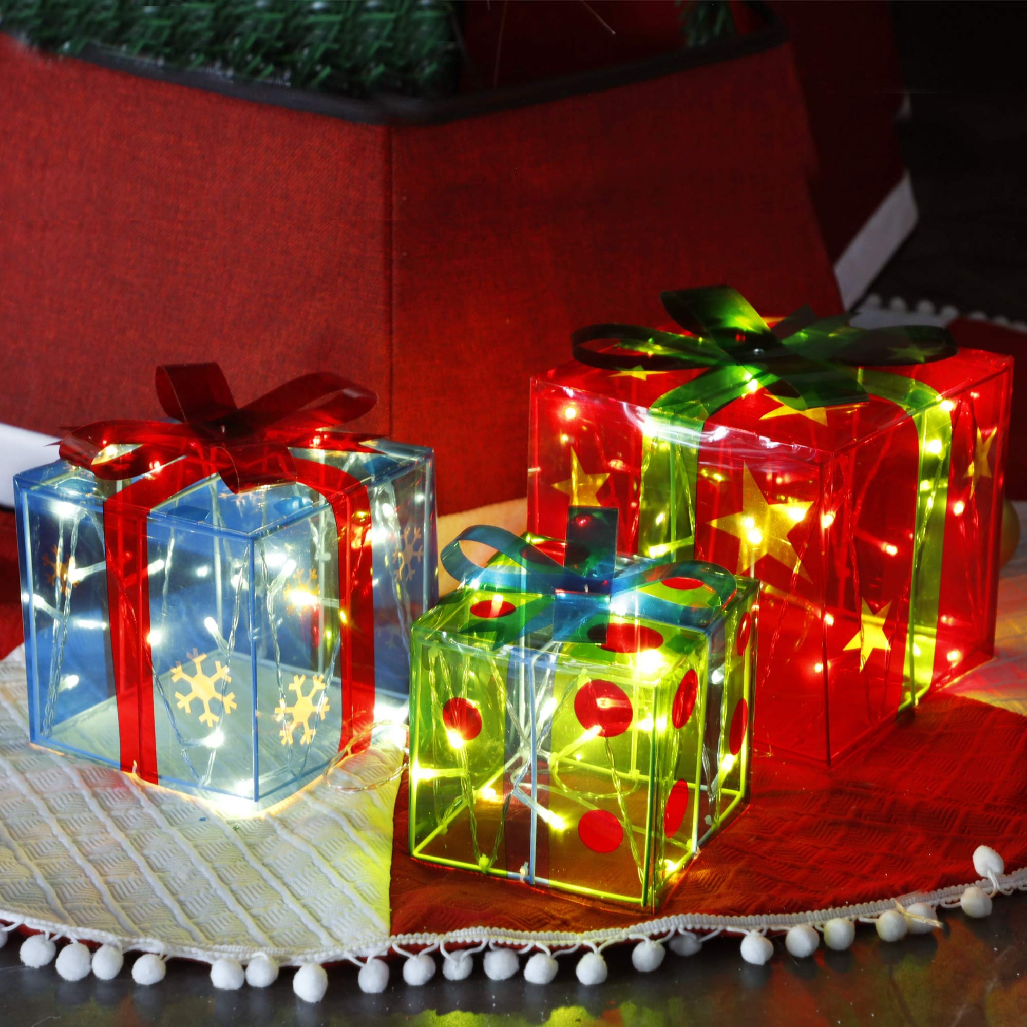 ATDAWN Set of 3 Lighted Gift Boxes Christmas Decorations, Snowflake Star Pre-lit Light Up Present Boxes for Christmas Indoor Home Outdoor Yard Lawn