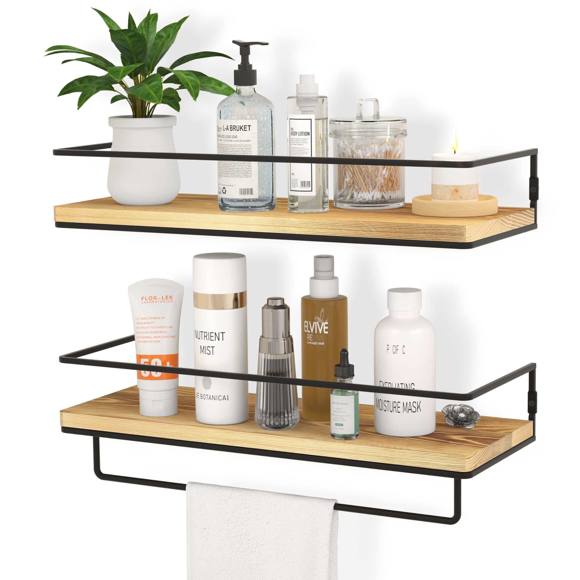 ZGO Floating Shelves for Wall Set of 2, Wall Mounted Storage Shelves with Metal Frame and Towel Rack for Bathroom, Kitchen, Bedroom(Wood)