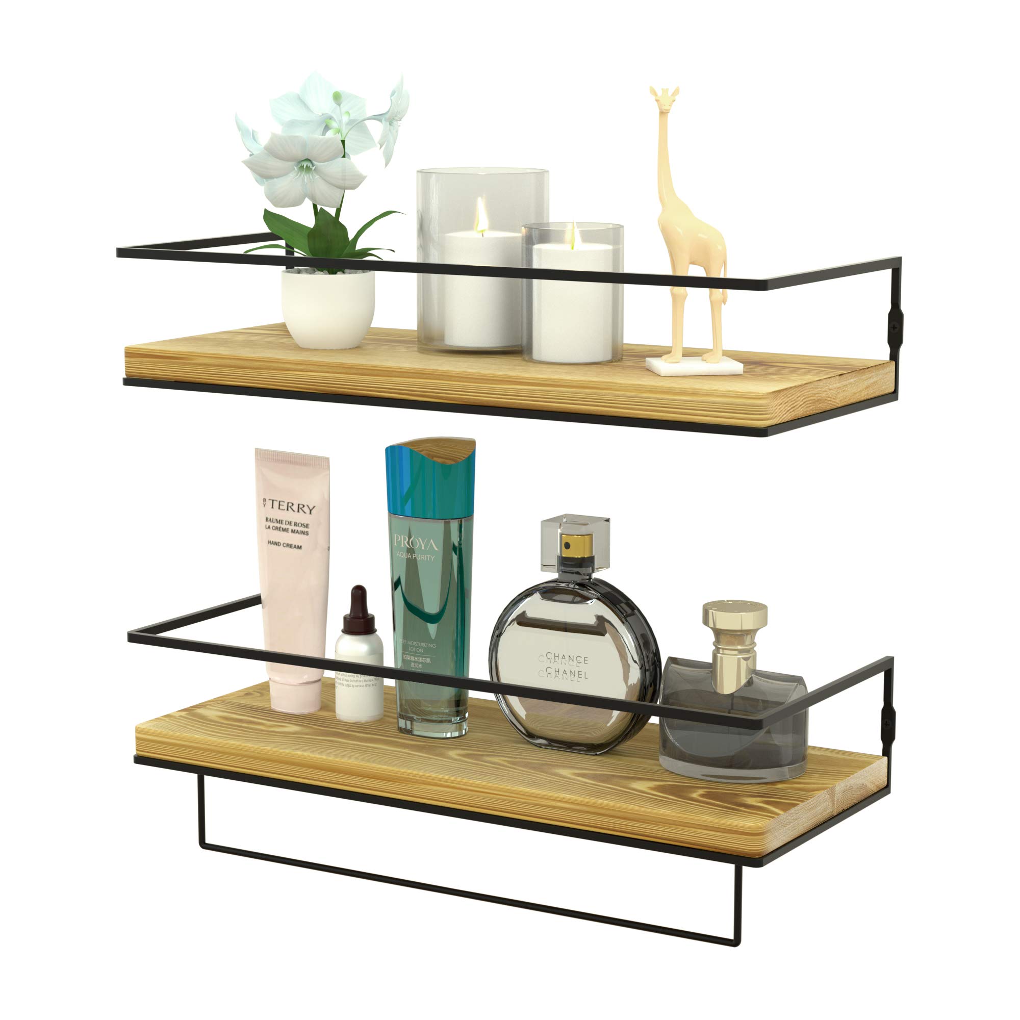 ZGO Floating Shelves for Wall Set of 2, Wall Mounted Storage Shelves with Metal Frame and Towel Rack for Bathroom, Kitchen, Bedroom(Wood)