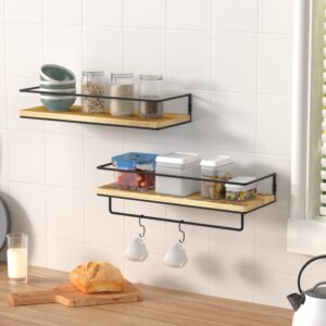 ZGO Floating Shelves for Wall Set of 2, Wall Mounted Storage Shelves with Metal Frame and Towel Rack for Bathroom, Kitchen, Bedroom(Wood)