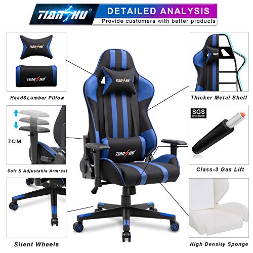 TIANSHU Gaming Chair High Back Computer Game Chair Office Chair PP Fabric & PU Leather Racing Chair PC Ergonomic Chair with Headrest and Lumbar Pillow Adjustable Swivel Chair E-Sports Chair, Blue