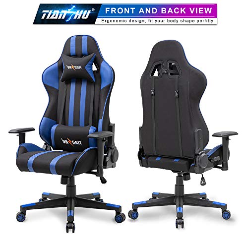 TIANSHU Gaming Chair High Back Computer Game Chair Office Chair PP Fabric & PU Leather Racing Chair PC Ergonomic Chair with Headrest and Lumbar Pillow Adjustable Swivel Chair E-Sports Chair, Blue