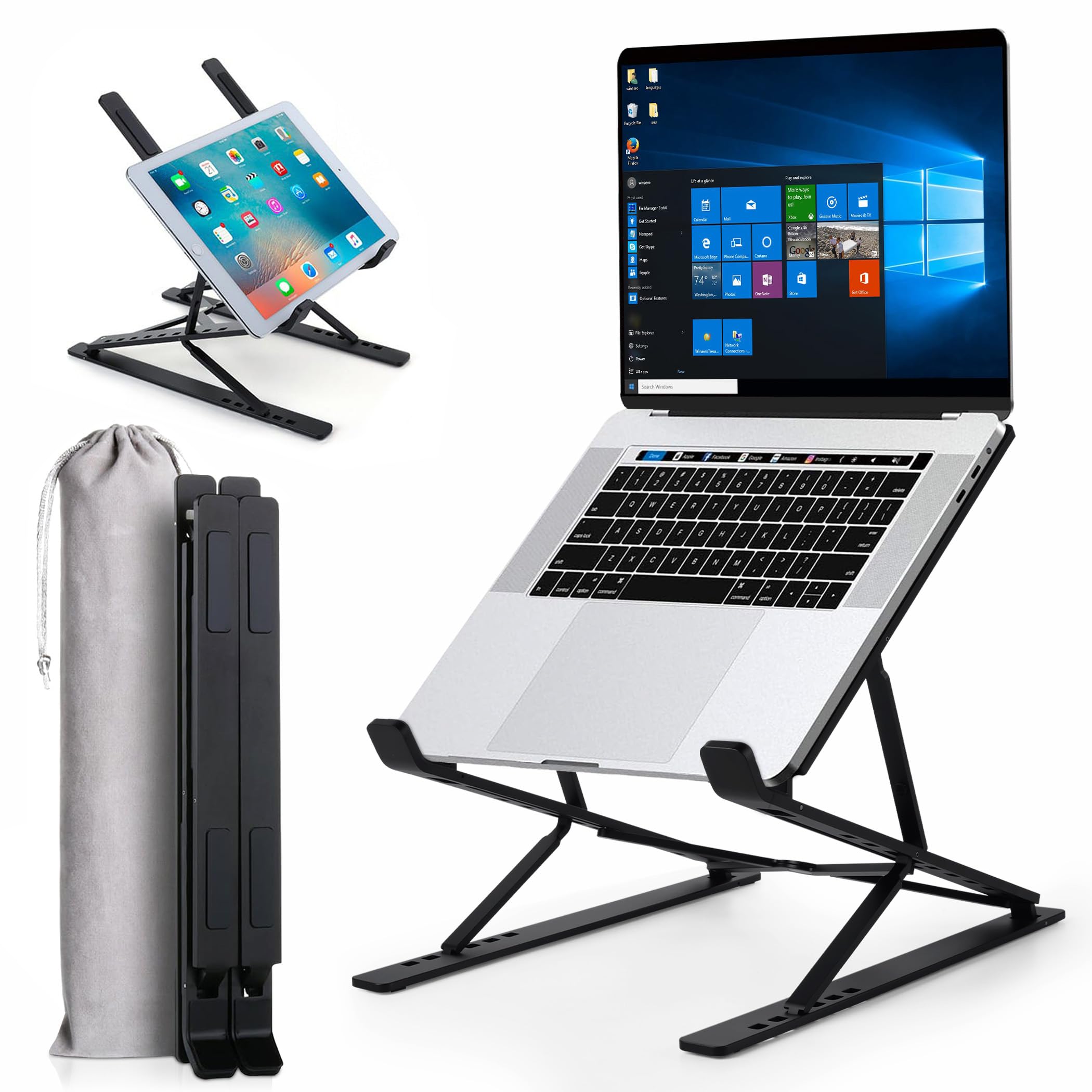 HOMELUX THEORY Foldable Laptop Stand for Desk Adjustable Height, Portable Aluminum Laptop Holder for Travel, MacBook and Devices 15.6" up (Black)