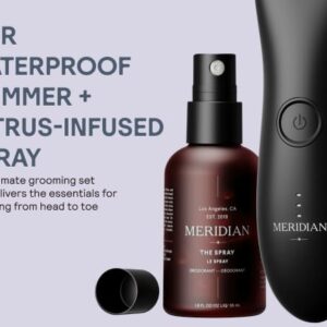 MERIDIAN - The Complete Package: Includes Men’s Waterproof Electric Below-The-Belt Trimmer and The Spray (50 mL) - Features Ceramic Blades and Sensitive Shave Tech (Onyx)