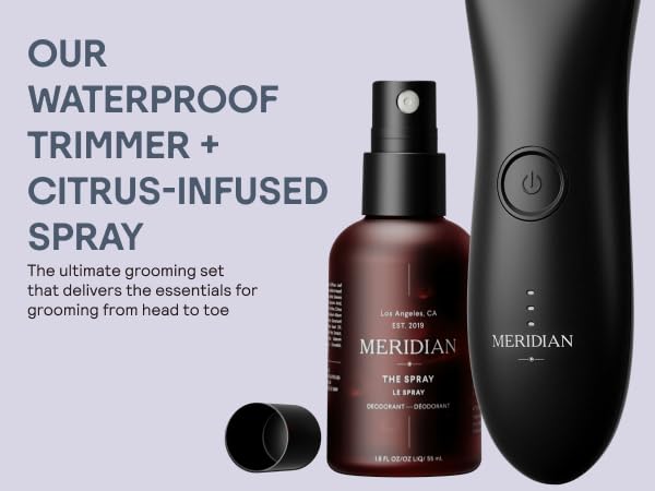 MERIDIAN - The Complete Package: Includes Men’s Waterproof Electric Below-The-Belt Trimmer and The Spray (50 mL) - Features Ceramic Blades and Sensitive Shave Tech (Onyx)