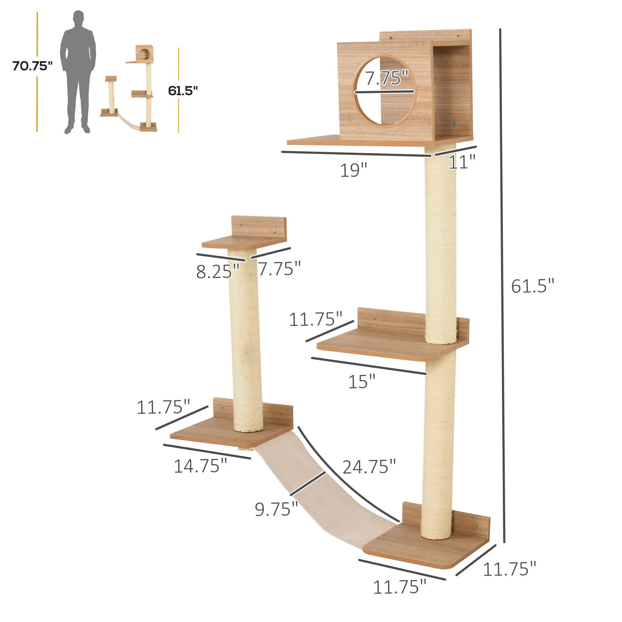 PawHut Wall-Mounted Multi-Level Cat Tree Activity Tower with Sisal-Covered Scratching Posts & an Interior Condo Area