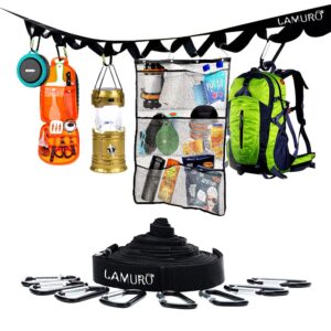 lamuro hanging mesh camping organizer storage bag with camping storage strap; portable mesh caddy shampoo holder organizer; 6 pocket storage caddy hanging organizer and storage strap with 8 hooks