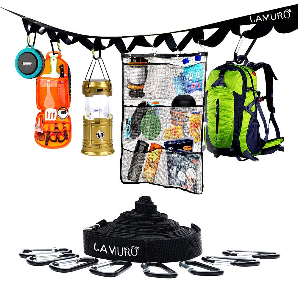 LAMURO Hanging Mesh Camping Organizer Storage Bag with Camping Storage Strap; Portable Mesh Caddy Shampoo Holder Organizer; 6 Pocket Storage Caddy Hanging Organizer and Storage Strap with 8 Hooks