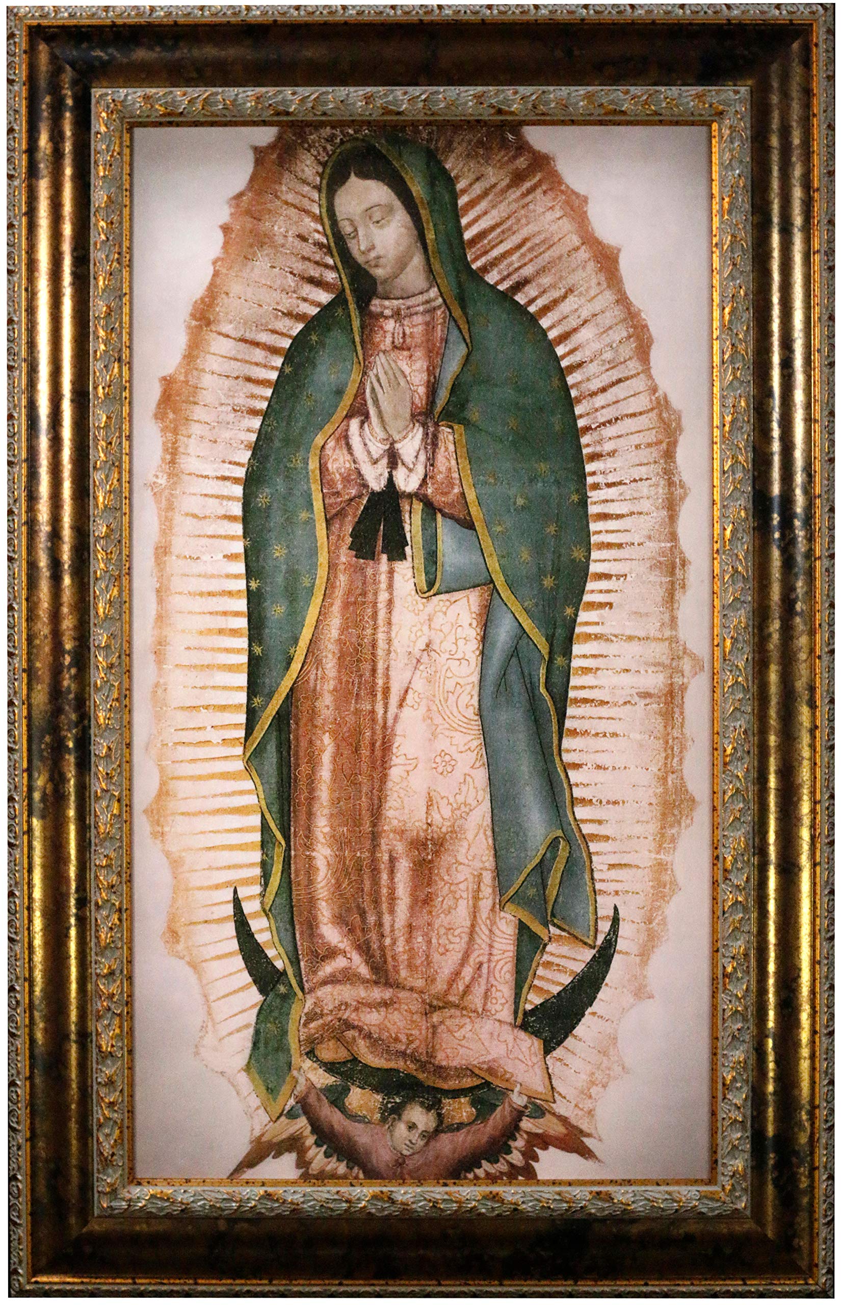 Mom’s Art Studio - Virgen de Guadalupe Wall Decor 44 X 27.75 Inches, Virgin Mary Print, Museum Look Art Frame, Artist’s Acrylic Coating, Wall Art for Home Decor (Large, Gold Spot)