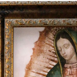 Mom’s Art Studio - Virgen de Guadalupe Wall Decor 44 X 27.75 Inches, Virgin Mary Print, Museum Look Art Frame, Artist’s Acrylic Coating, Wall Art for Home Decor (Large, Gold Spot)