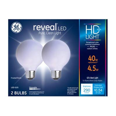 GE Lighting 31887 LED Reveal Globe Light Bulbs, G25, Frosted Pure White, 290 Lumens, 4.5-Watts, 2-Pk. - Quantity 1