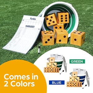 Jungle Gym Kingdom Yardzee & Yard Farkle Giant Wooden 6 Dice Set for Outdoor Fun Lawn Games Picnic Barbeque Party Tailgaiting & Special Events with Collapsible Bucket & Lid Scorecards & Markers - Blue