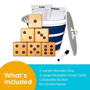 Jungle Gym Kingdom Yardzee & Yard Farkle Giant Wooden 6 Dice Set for Outdoor Fun Lawn Games Picnic Barbeque Party Tailgaiting & Special Events with Collapsible Bucket & Lid Scorecards & Markers - Blue