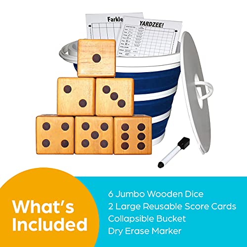 Jungle Gym Kingdom Yardzee & Yard Farkle Giant Wooden 6 Dice Set for Outdoor Fun Lawn Games Picnic Barbeque Party Tailgaiting & Special Events with Collapsible Bucket & Lid Scorecards & Markers - Blue