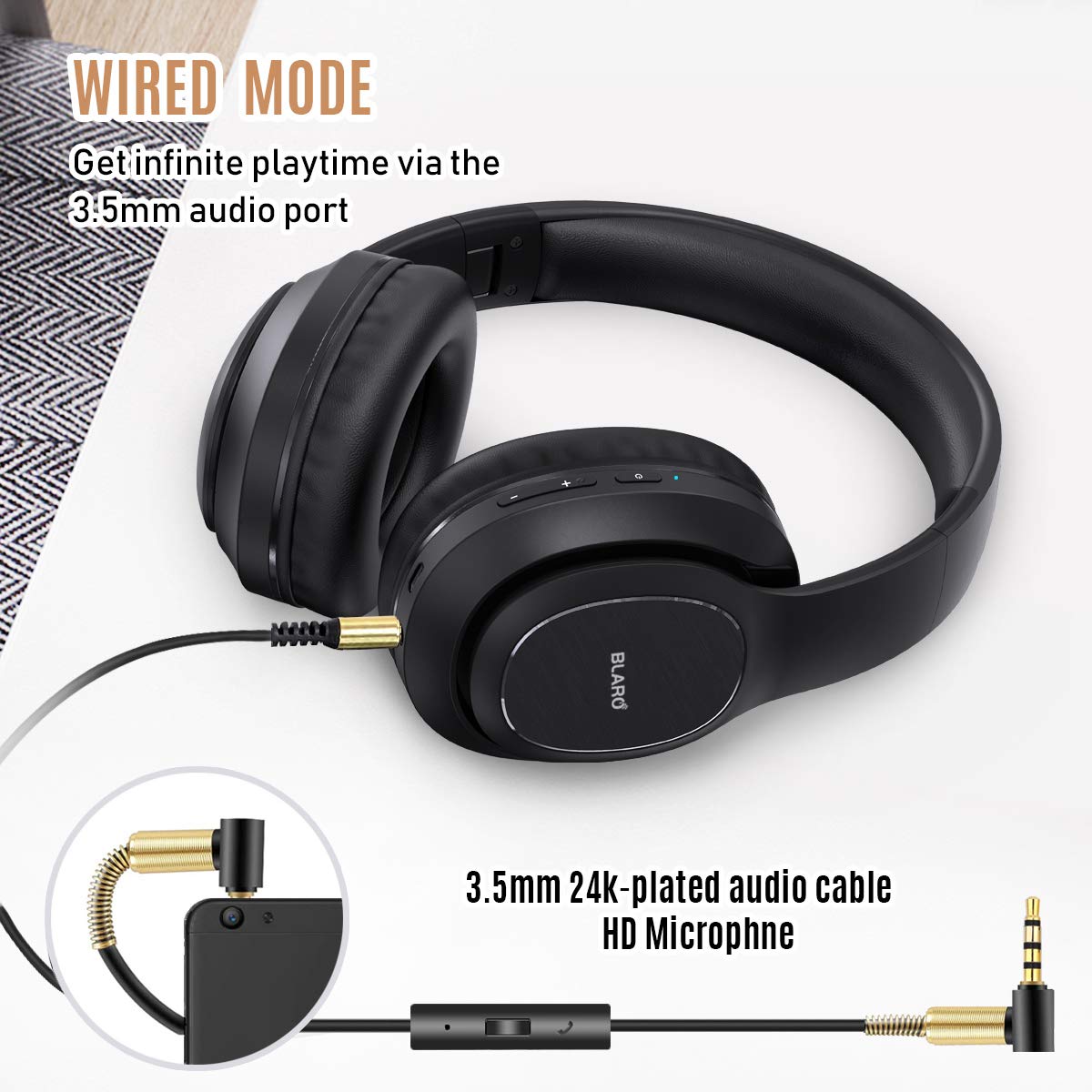 BLARO Bluetooth Headphones Over Ear, Hi-Fi Deep Bass Wireless and Wired Headsets, 72 Hours Playtime, Soft Memory Protein Earmuffs, Foldable Headphones with CVC6.0 Mic-Black