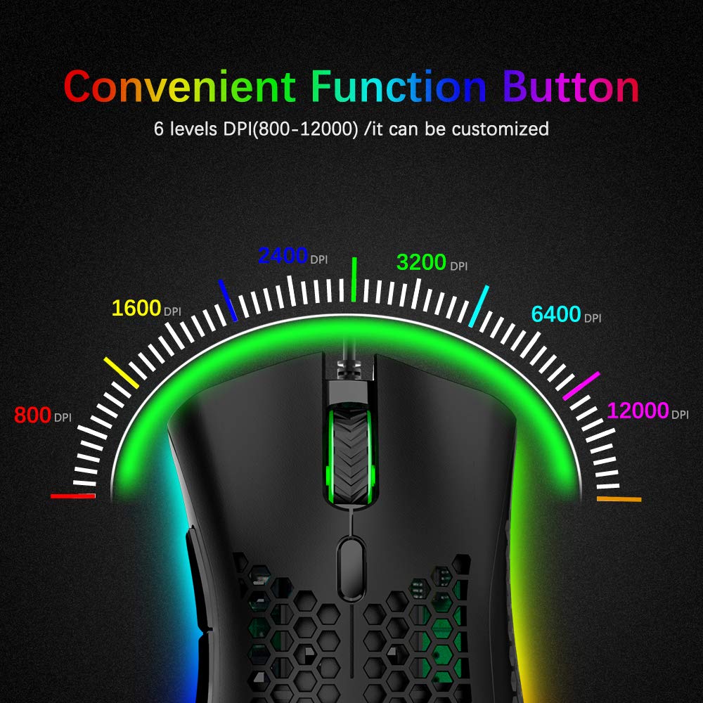 LexonElec M7 Gaming Mouse with RGB Lamp Effect,79G Lightweight Honeycomb Shell,Ultralight Ultraweave Cable,Pixart 3325 12000 DPI PC Gaming Mice for PC Gamers and Xbox and PS4 Users(White)