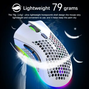 LexonElec M7 Gaming Mouse with RGB Lamp Effect,79G Lightweight Honeycomb Shell,Ultralight Ultraweave Cable,Pixart 3325 12000 DPI PC Gaming Mice for PC Gamers and Xbox and PS4 Users(White)