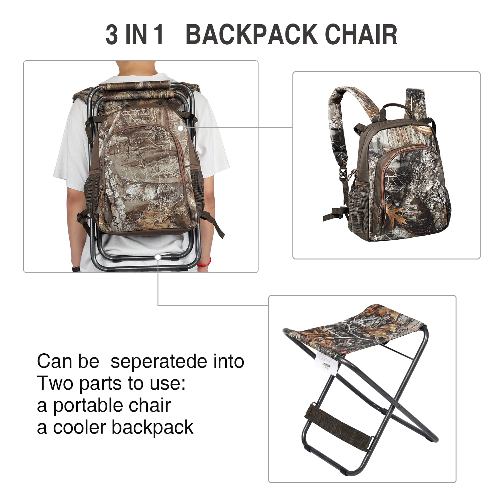 TIMBER RIDGE 3 in 1 Cooler Backpack Chair Foldable Fishing Seat Stool with Cooler Bag, Compact Lightweight Portable for Outdoor Camping Hiking Hunting(CAMO)