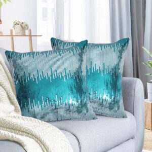 juya delight sequin throw pillowcases teal and silver sparkle pillow cushion covers for couch sofa home decor,18x18 inches, set of 2