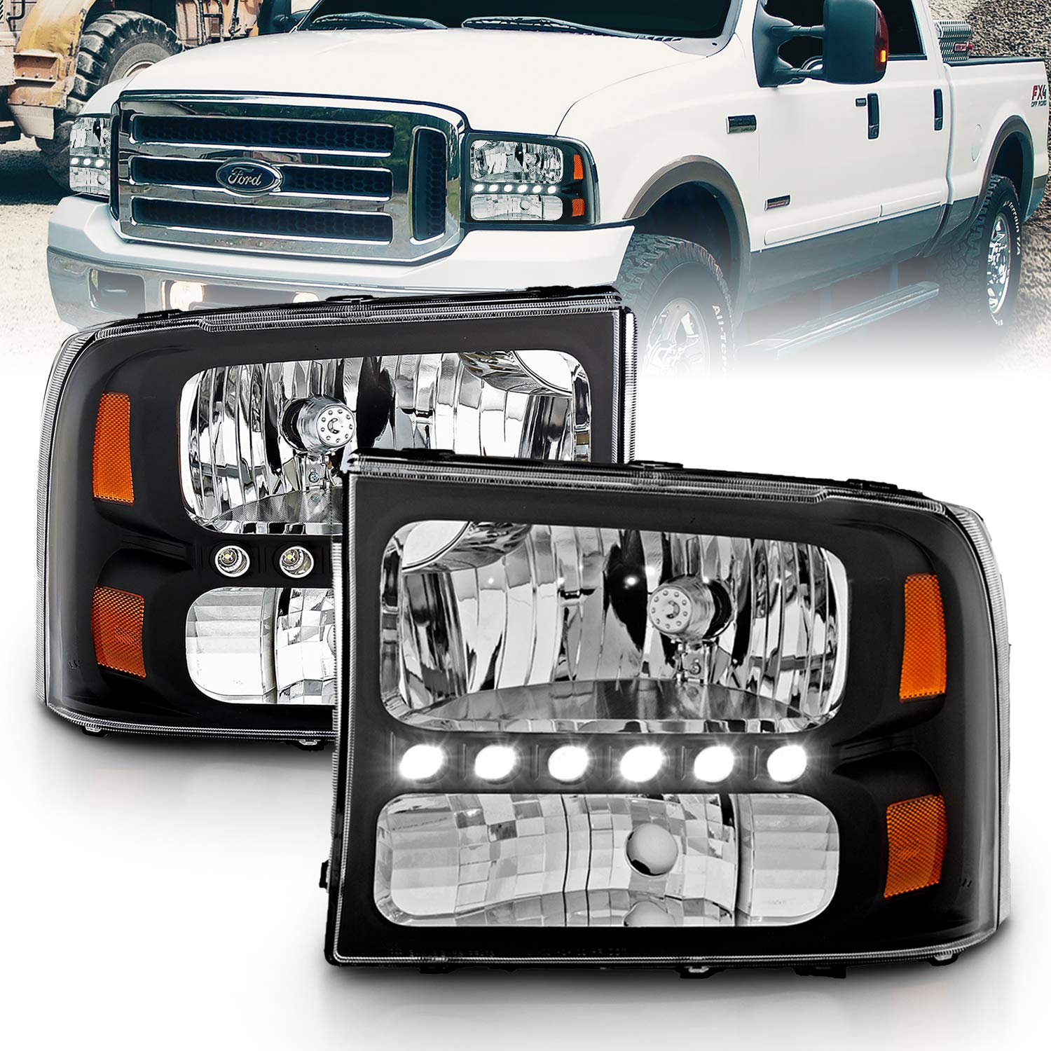 AmeriLite Black 1pc Unit Replacement Headlights w/LED Parking For Ford 2000-2004 Excursion / 99-04 Super Duty - Passenger and Driver Side