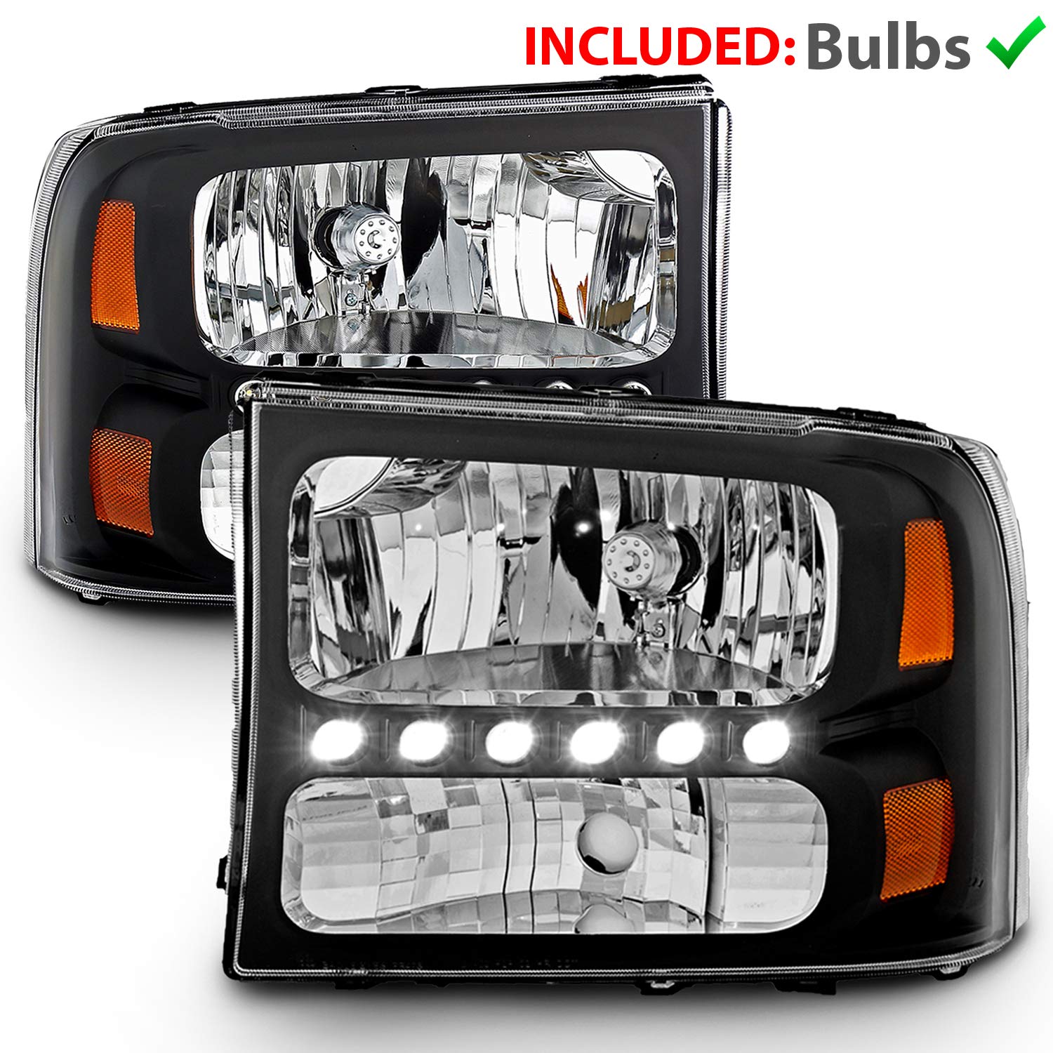 AmeriLite Black 1pc Unit Replacement Headlights w/LED Parking For Ford 2000-2004 Excursion / 99-04 Super Duty - Passenger and Driver Side