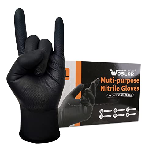 Wostar Industrial Black Nitrile Gloves 8 Mil Box of 50 Large Latex Powder Free Diamond Textured Heavy Duty Black Gloves