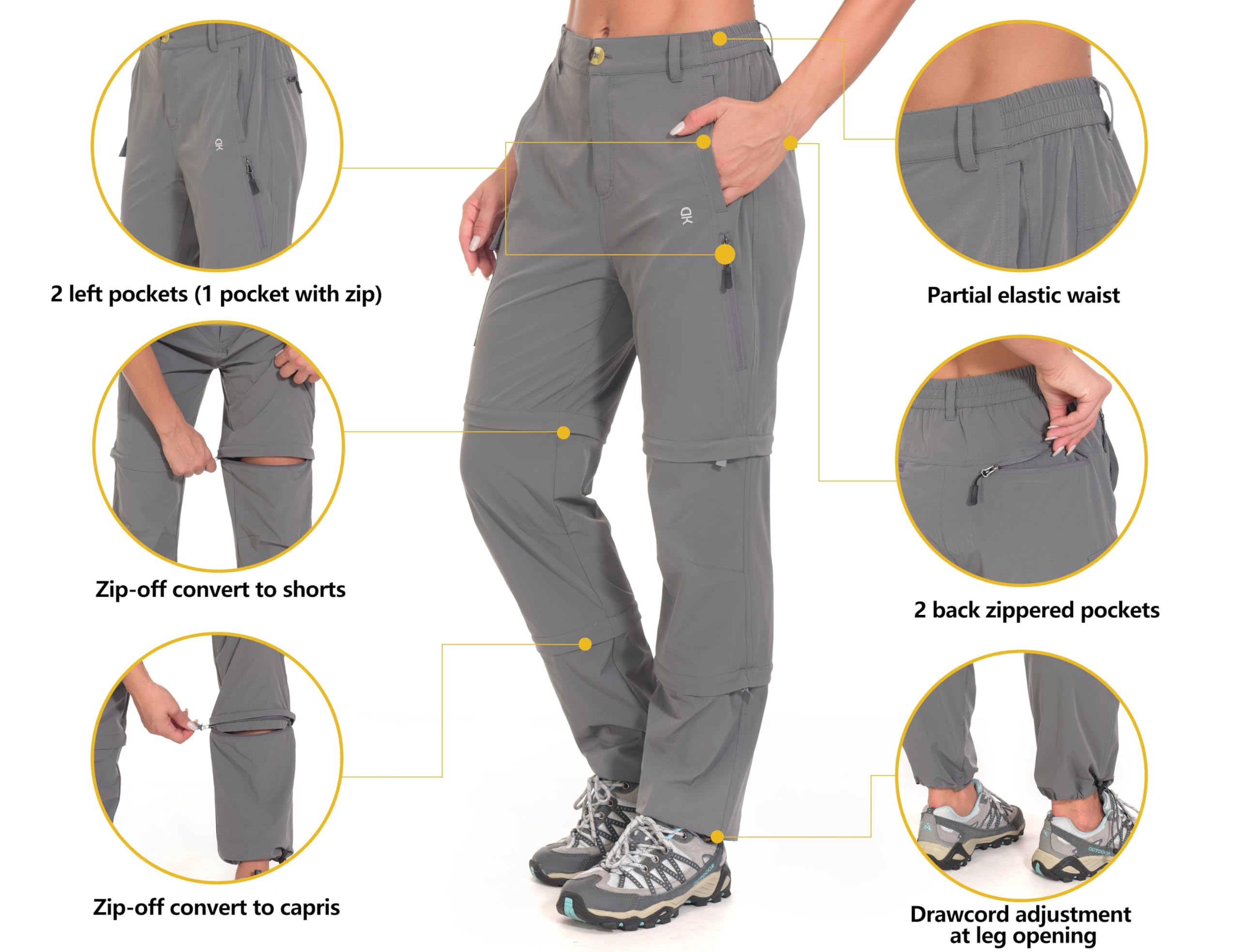 Little Donkey Andy Women's Stretch Convertible Pants, Zip-Off Quick-Dry Hiking Pants Gray Size XL