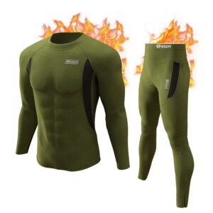 thermal underwear for men, winter hunting gear sport long johns base layer top and bottom set midweight army green l