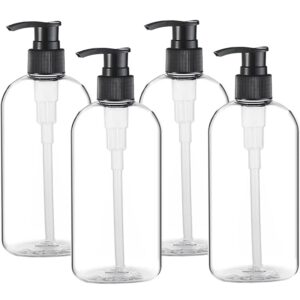 empty plastic pump bottles dispenser 4 pack 16oz/500ml portable clear bpa-free cylinder shampoo lotion hand pump bottle durable refillable containers for massage oil, liquid soap