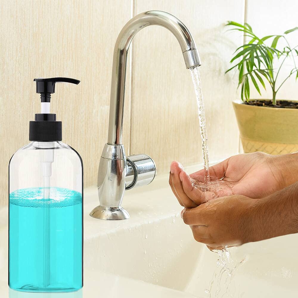 Empty Plastic Pump Bottles Dispenser 4 Pack 16oz/500ml Portable Clear BPA-Free Cylinder Shampoo Lotion Hand Pump Bottle Durable Refillable Containers for Massage Oil, Liquid Soap