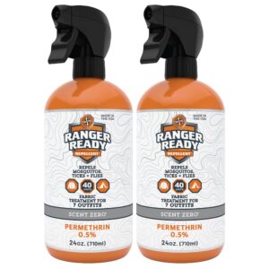 ranger ready permethrin spray for clothes and outdoor gear - permethrin insect & tick repellent - scent zero (24oz, pack of 2)