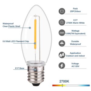 BORT 25 Pack C9 LED Replacement Light Bulb, C9 LED Bulbs for Christmas Outdoor String Lights, E17 Intermediate Base, Commercial Grade Holiday Bulbs Warm White 2700K