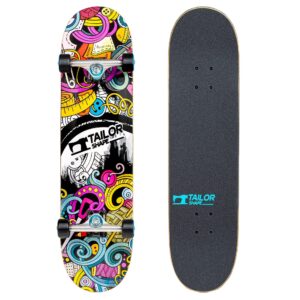 tailorshape bermuda complete skateboard | 32"x8" professional street skateboard | multicolored street art canadian maple wood board for boys, girls, teens, beginners, kids and adults