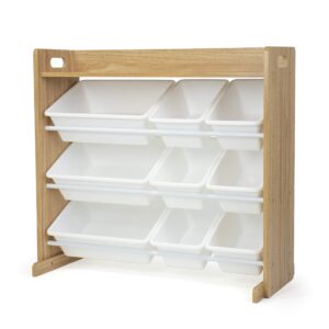 humble crew, natural wood/white toy organizer with shelf and 9 storage bins