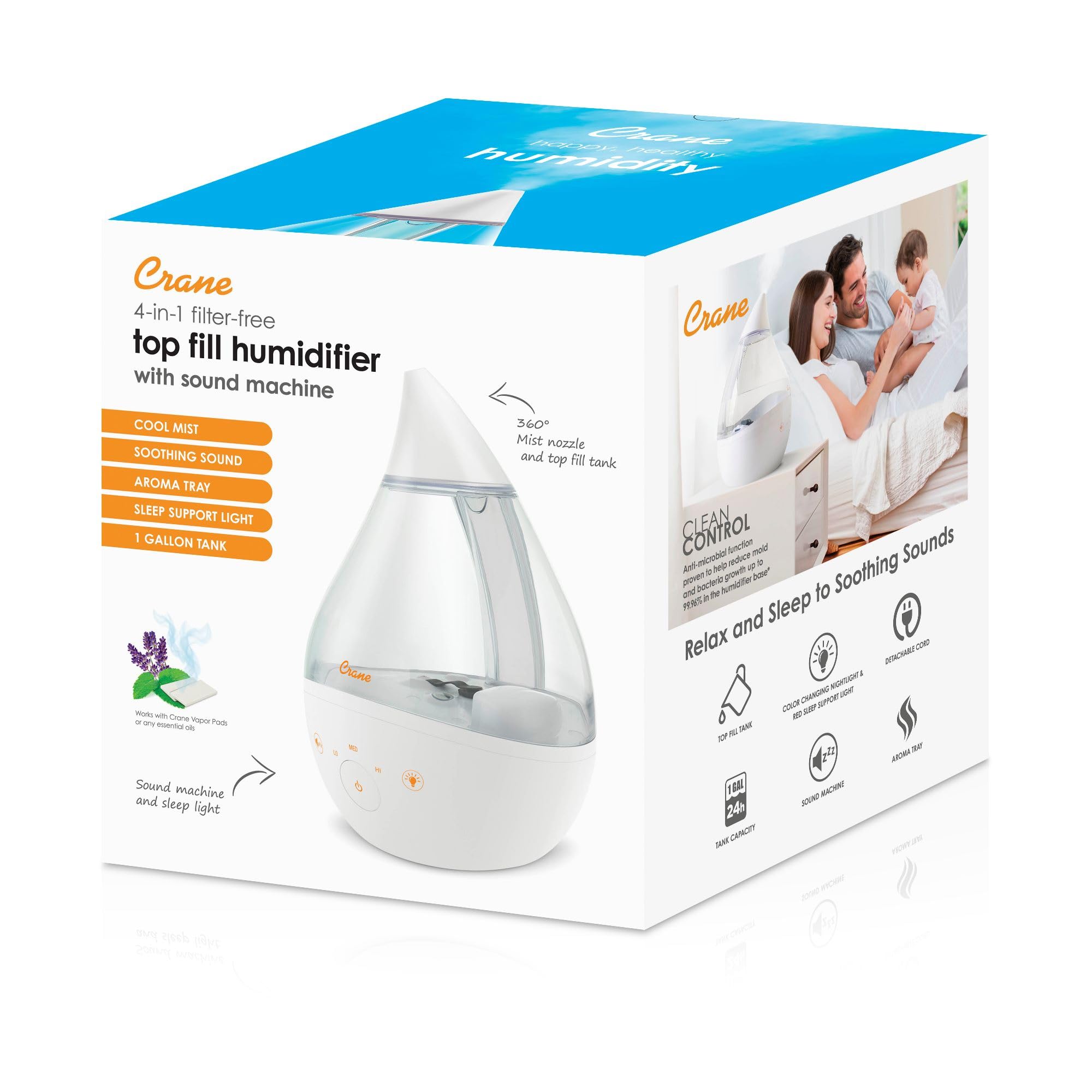 Crane Ultrasonic Humidifiers for Bedroom and Office, 1 Gallon 4-in-1 Cool Mist Air Humidifier for Large Room and Home, Humidifier Filters Optional, Clear & White